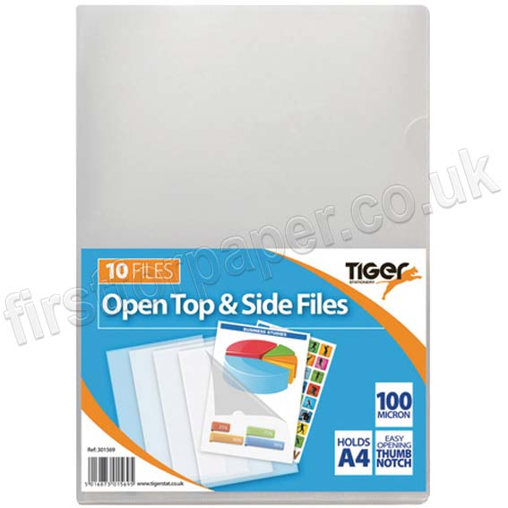 Tiger, Clear Open Top & Side Files, A4, Pack of 10 - First for Paper
