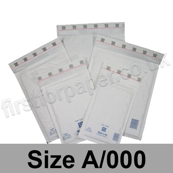 Mail Lite, White Bubble Lined Padded Bags, Size A/000 - Box of 100 ...
