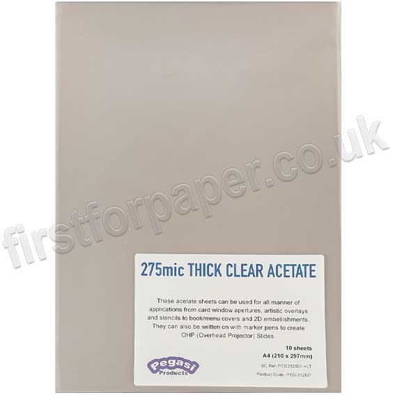 Thick Clear Acetate Sheets, 275mic, A4 - 10 sheets - First for Paper