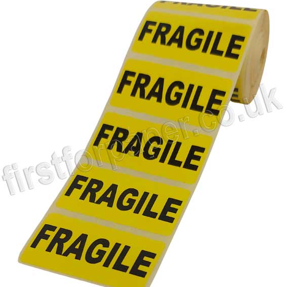 Fragile, Yellow Labels, 50 x 25mm - Roll of 500 - First for Paper