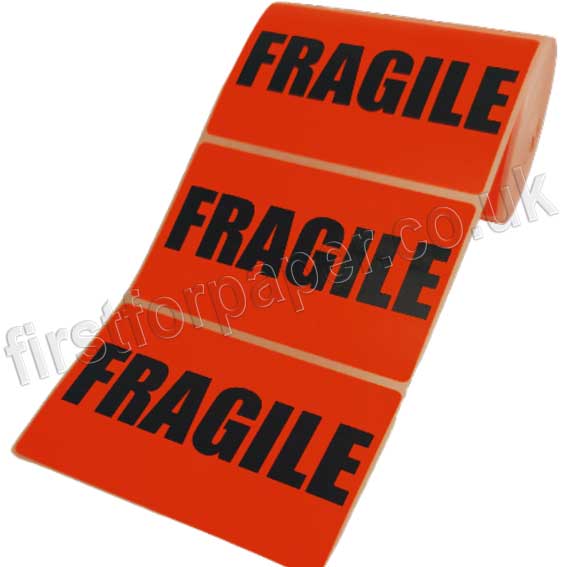 Fragile, Red Labels, 101.6 x 63.5mm - Roll of 500 - First for Paper