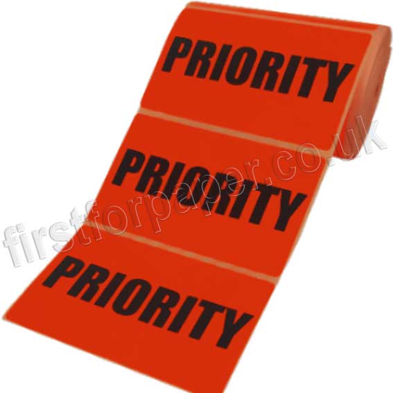 Priority, Red Labels, 101.6 x 63.5mm - Roll of 500 - First for Paper