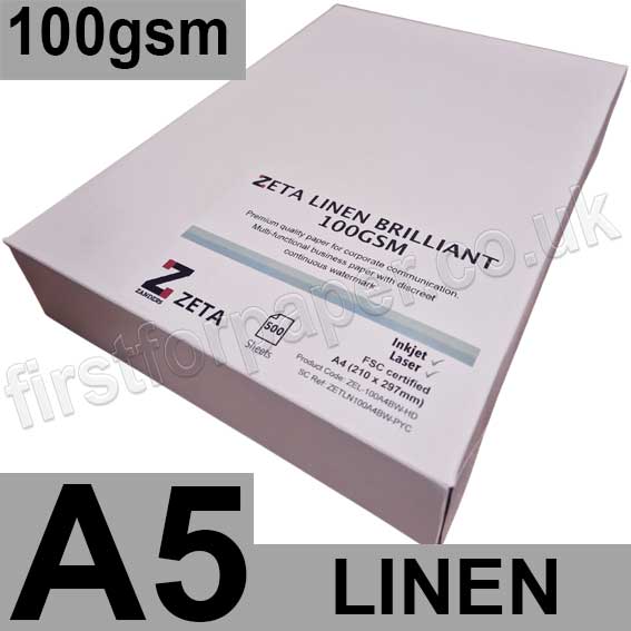 Zeta Linen Textured Paper, 100gsm, A5, Brilliant White - First for Paper